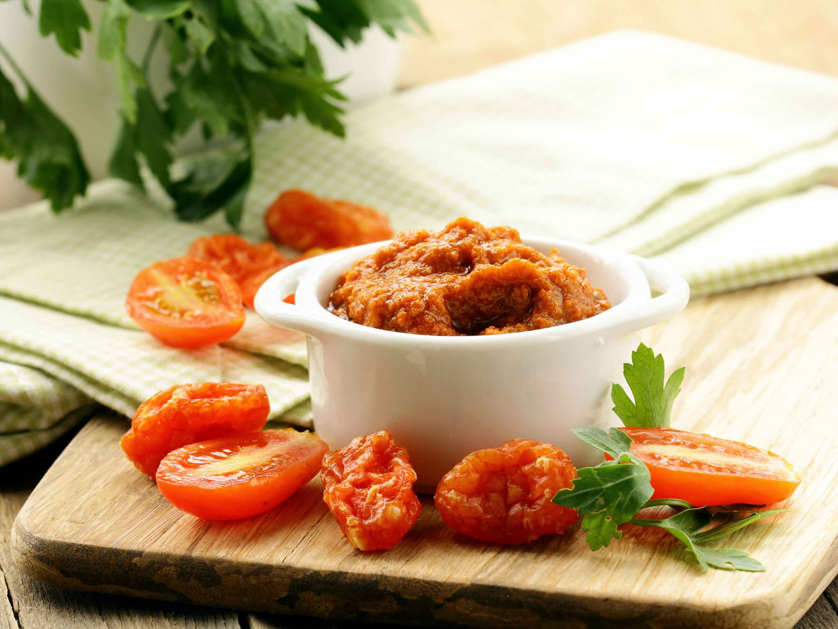 Red pesto made with sun-dried tomatoes and thyme, sage and parsley